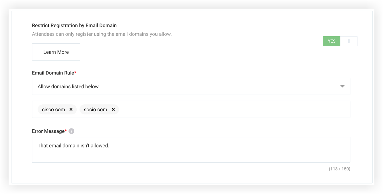 Email Registration Domain Restriction | Webex Events (formerly Socio)